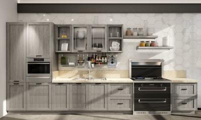 China Single-Line Light Gray Stainless Steel Kitchen Cabinet with Wood Texture Panels for sale