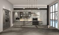 China Single-Line Light Gray Stainless Steel Kitchen Cabinet with Wood Texture Panels for sale