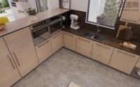 China Wood Grain Stainless Steel L-Shaped Kitchen Cabinet With Black Handles for sale