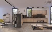 China Wood Grain Stainless Steel L-Shaped Kitchen Cabinet With Black Handles for sale