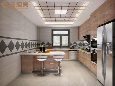 China Wood Grain Stainless Steel Kitchen Cabinet with Quartz Countertop for sale