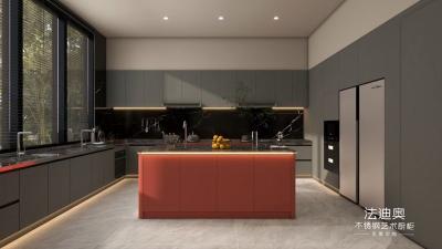 China U-Shaped Gray and Crimson Red Stainless Steel Kitchen Cabinet with Island for sale