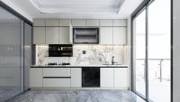 China Dual-Line Design Soft Beige Stainless Steel Kitchen Cabinets for sale