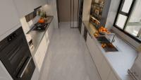 China Double-Line Layout Beige Stainless Steel Modern Kitchen Cabinet for sale