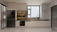 China Double-Line Layout Beige Stainless Steel Modern Kitchen Cabinet for sale