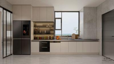 China Double-Line Layout Beige Stainless Steel Modern Kitchen Cabinet for sale