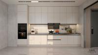 China Double-Line Layout Beige Stainless Steel Modern Kitchen Cabinet for sale