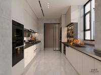 China Double-Line Layout Beige Stainless Steel Modern Kitchen Cabinet for sale