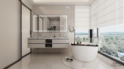 China Light Gray Stainless Steel Bathroom Vanity with Dual Sink Smart Mirror for sale
