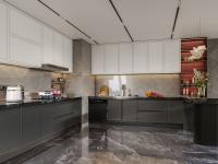 China Blush Red Stainless Steel Kitchen Cabinet with Stone Island for sale