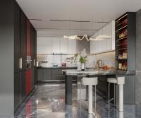 China Blush Red Stainless Steel Kitchen Cabinet with Stone Island for sale