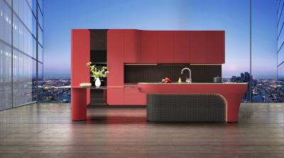 China Modern Rouge Red Stainless Steel Kitchen Cabinet With Solid SS Countertop for sale