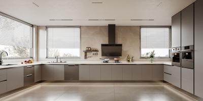 China Titanium Grey Color Luxe U-Shaped Kitchen With No Wall Cabinet Design for sale