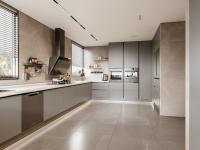 China Titanium Grey Color Luxe U-Shaped Kitchen With No Wall Cabinet Design for sale
