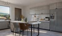 China Stone Texture U-Shaped Stainless Steel Kitchen Cabinet With Curved Doors for sale