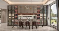 China Wood Grain Stainless Steel Wine Cabinet with Red Panel & LED Lights for sale