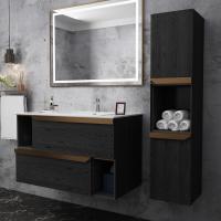 China Wood Grain Stainless Steel Bathroom Vanity with Open Shelf Storage for sale