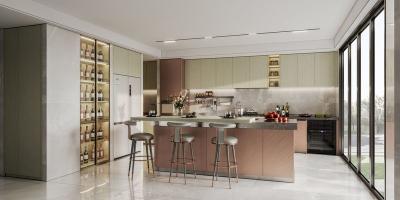 China Elegant Stainless Steel Kitchen Cabinet With Rose Gold And Wood Grain Accent for sale