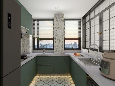 China U-Shaped Stainless Steel Kitchen Cabinet With Elegant Green Finish for sale