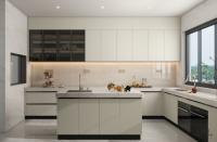 China Off-White U-Shaped Stainless Steel Kitchen Cabinet with Island for sale