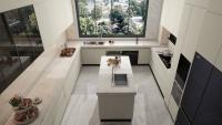 China Off-White U-Shaped Stainless Steel Kitchen Cabinet with Island for sale