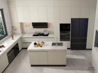China Off-White U-Shaped Stainless Steel Kitchen Cabinet with Island for sale