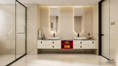 China Off-White Floating Vanity with Red Open Shelf for sale