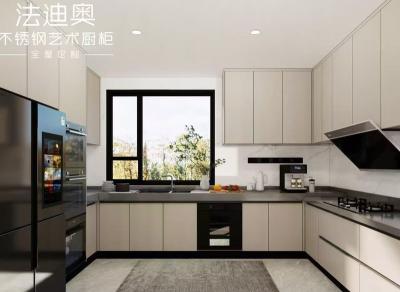 China U-Shaped Stainless Steel Kitchen Cabinet with Warm Apricot Door Panels for sale