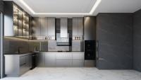 China Matte Black Stainless Steel Kitchen Cabinet with Island & Ambient Lighting for sale