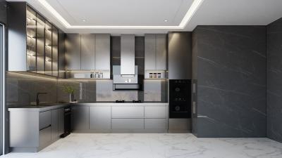 China Matte Black Stainless Steel Kitchen Cabinet with Island & Ambient Lighting for sale