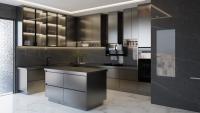 China Matte Black Stainless Steel Kitchen Cabinet with Island & Ambient Lighting for sale