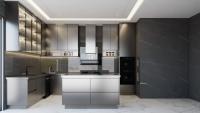 China Matte Black Stainless Steel Kitchen Cabinet with Island & Ambient Lighting for sale