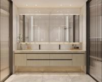 China Wood Grain Stainless Steel Floating Bathroom Vanity with LED Mirror for sale