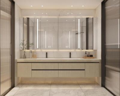 China Wood Grain Stainless Steel Floating Bathroom Vanity with LED Mirror for sale