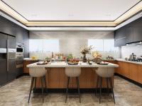 China Dark Wood Grain Stainless Steel Kitchen Cabinets with Quartz Countertop for sale