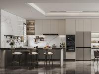 China Custom Beige Stainless Steel Kitchen Cabinets with Wood Grain Countertop for sale
