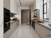 China Matte Beige Stainless Steel Kitchen Cabinets with Black Stone Countertop for sale