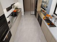 China Matte Beige Stainless Steel Kitchen Cabinets with Black Stone Countertop for sale
