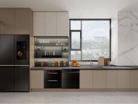 China Matte Beige Stainless Steel Kitchen Cabinets with Black Stone Countertop for sale
