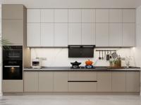 China Matte Beige Stainless Steel Kitchen Cabinets with Black Stone Countertop for sale