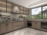 China Teak Wood Grain Stainless Steel Kitchen Cabinets U-Shaped Layout for sale