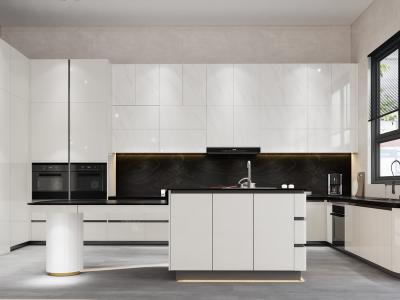 China Black U-Shaped Stainless Steel Kitchen Cabinet with Quartz Countertop for sale