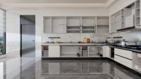 China Beige Stainless Steel Kitchen Cabinets with Glass Display Doors for sale