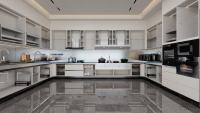 China Beige Stainless Steel Kitchen Cabinets with Glass Display Doors for sale