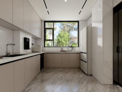 China U-Shaped Matte Beige Stainless Steel Kitchen Cabinets Custom Design for sale