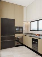 China L-Shaped Light Wood Grain Stainless Steel Kitchen Cabinets for sale