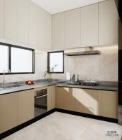 China L-Shaped Light Wood Grain Stainless Steel Kitchen Cabinets for sale