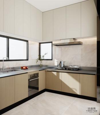 China L-Shaped Light Wood Grain Stainless Steel Kitchen Cabinets for sale