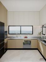 China L-Shaped Light Wood Grain Stainless Steel Kitchen Cabinets for sale