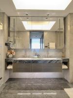 China Stainless Steel Bathroom Vanity with Woodgrain Doors & Quartz Top for sale